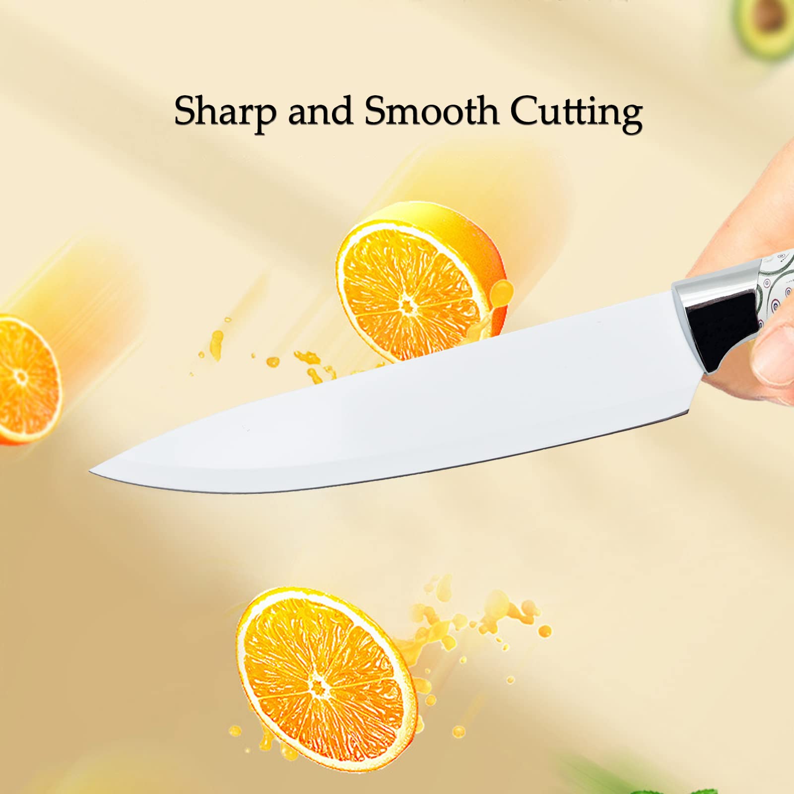 Knife Set for Kitchen, Retrosohoo White 6-Piece Stainless Steel Sharp Block Knife Set with Flower Pattern, Non-stick Non-slip Cooking Knives Set for Cutting Chopping Slicing Dicing