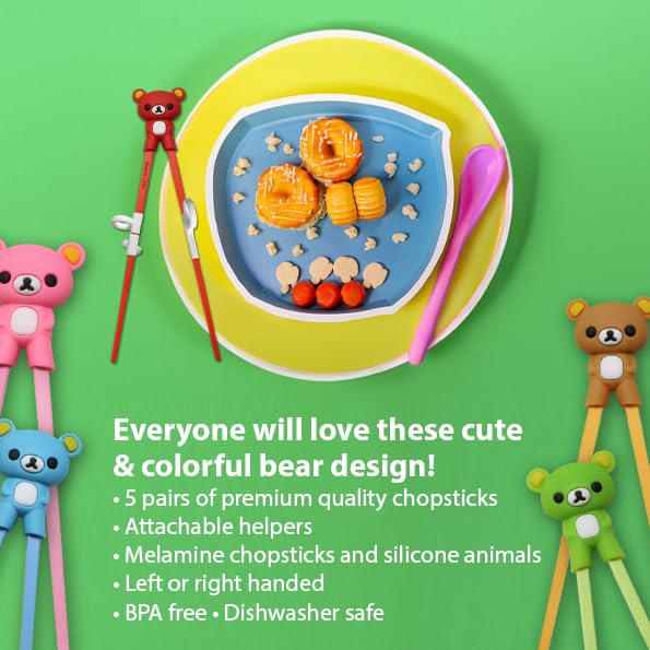 Kids chopsticks for kids children beginner adults toddler training chopsticks with reusable helper (Bears 5-Pack)