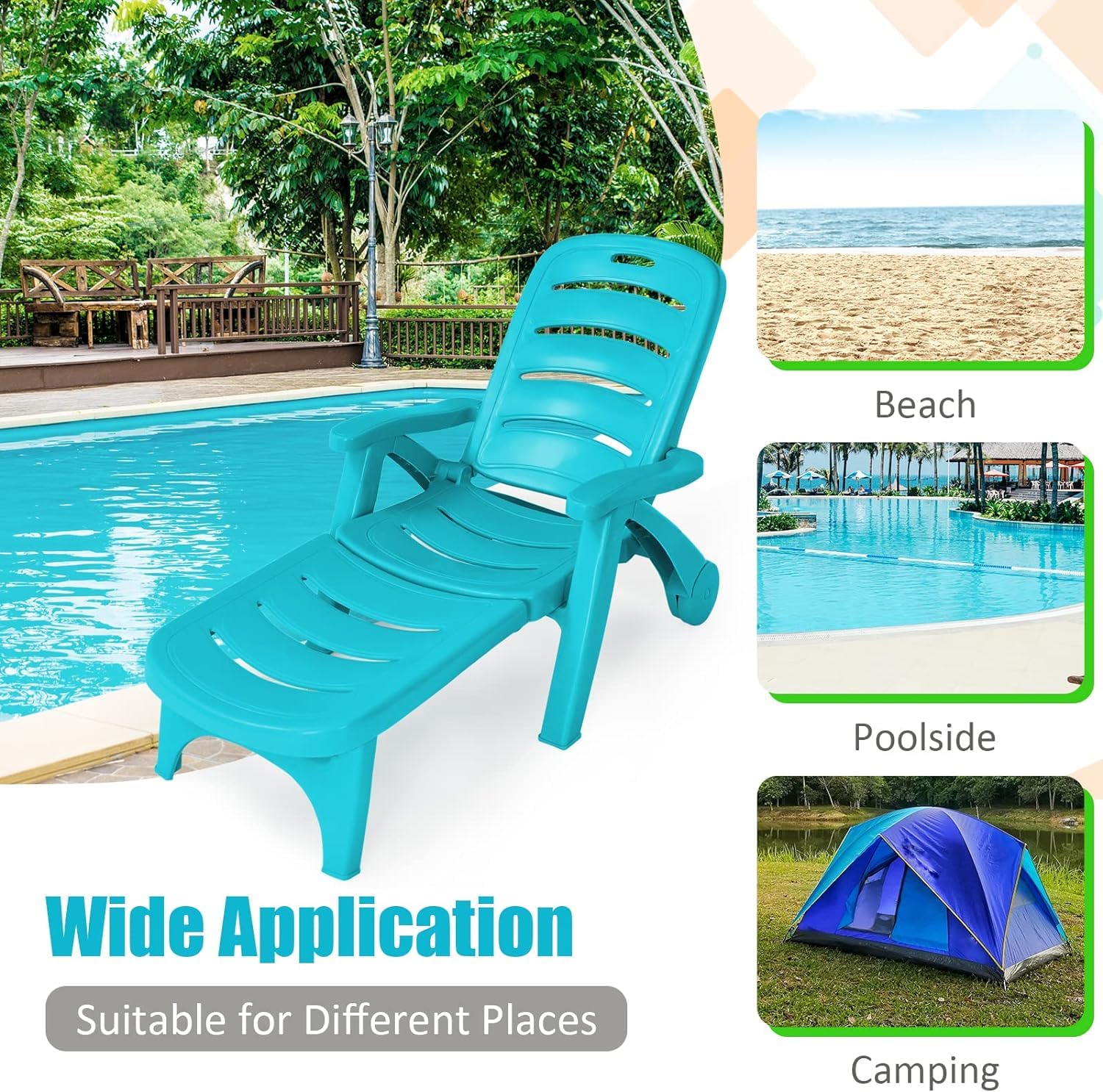 Moccha Plastic Folding Lounge Chair, 5-Position Adjustable Chaise Lounge with 2 Rolling Wheels, Armrest, Outdoor Chaise Chair for Patio, Beach, Backyard, Poolside, Home (1, Turquoise)