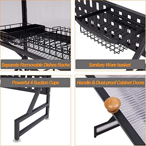 LOYALHEARTDY Over Sink Dish Drying Rack with Cover, 2 Tier Large Storage Kitchen Sink Organize Stand Shelf Space Saver Metal Dish Drying Rack for Kitchen Counter, 33.5"