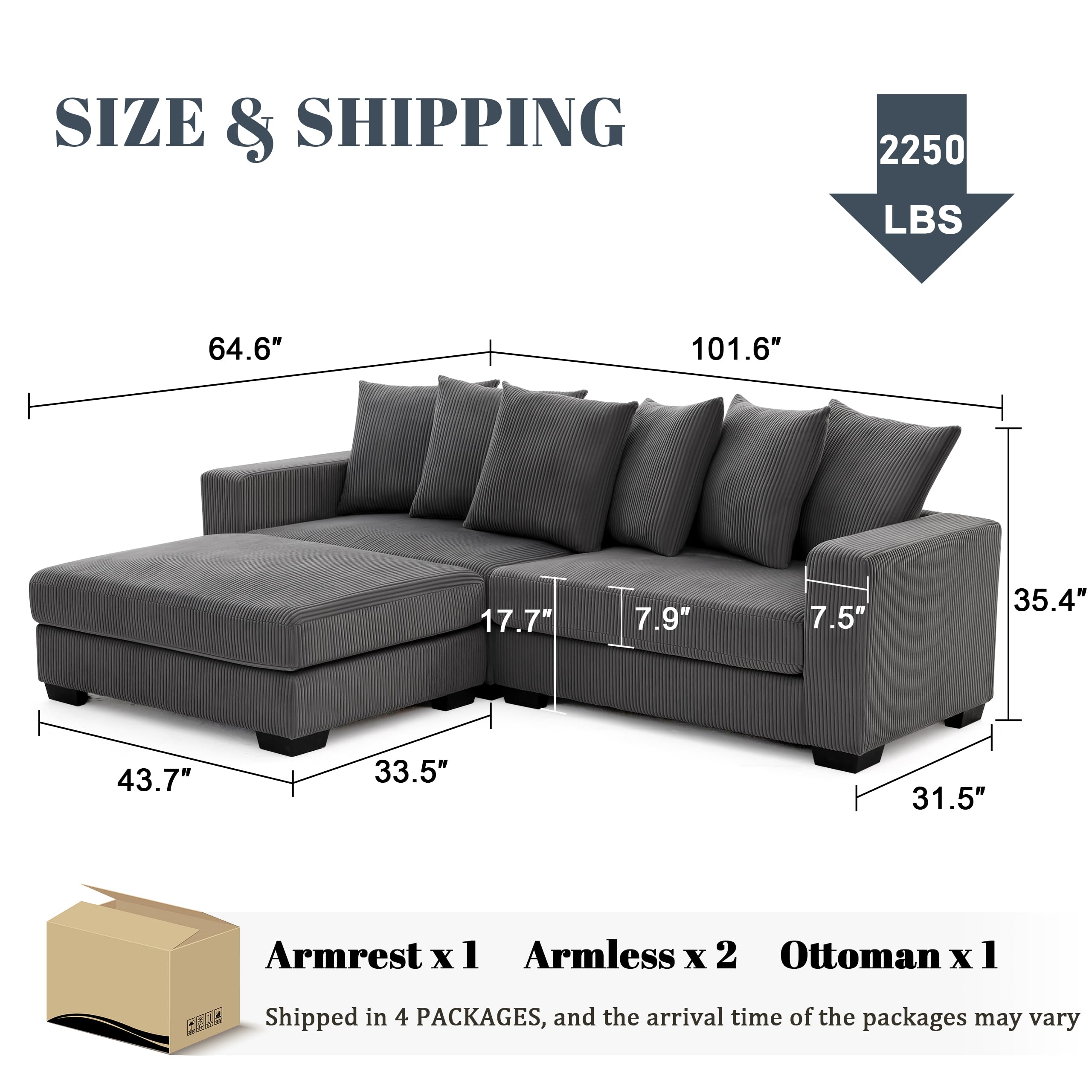 Mangodan 101.6" Deep Seat Modular Sectional Sofa, Comfy Corduroy Sectional Couches for Living Room, L-Shaped Upholstered Cloud Couch with Chaise, Widened Armrests for 4 People, Dark Grey