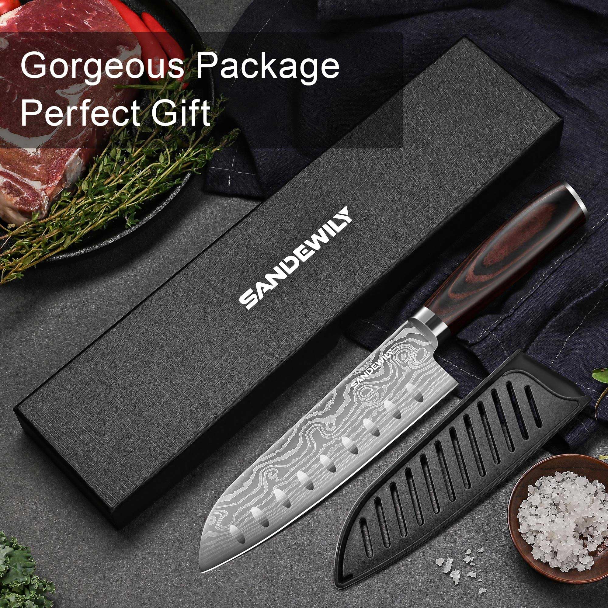 SANDEWILY 7 Inch Japanese Santoku Knife - Ultra Sharp 7Cr17Mov Kitchen Chef Knife with Sheath,High Carbon Stainless Steel Blade,Ergonomic Handle Gift Box for Home Outdoor Cooking