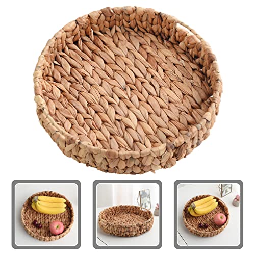OUNONA Woven Round Fruit Tray Bread Serving Basket Water Hyacinth Storage Baskets Handmade Tabletop Storage Holder Tray Rustic Ottoman Tray for Dinner Breakfast Drinks Snack