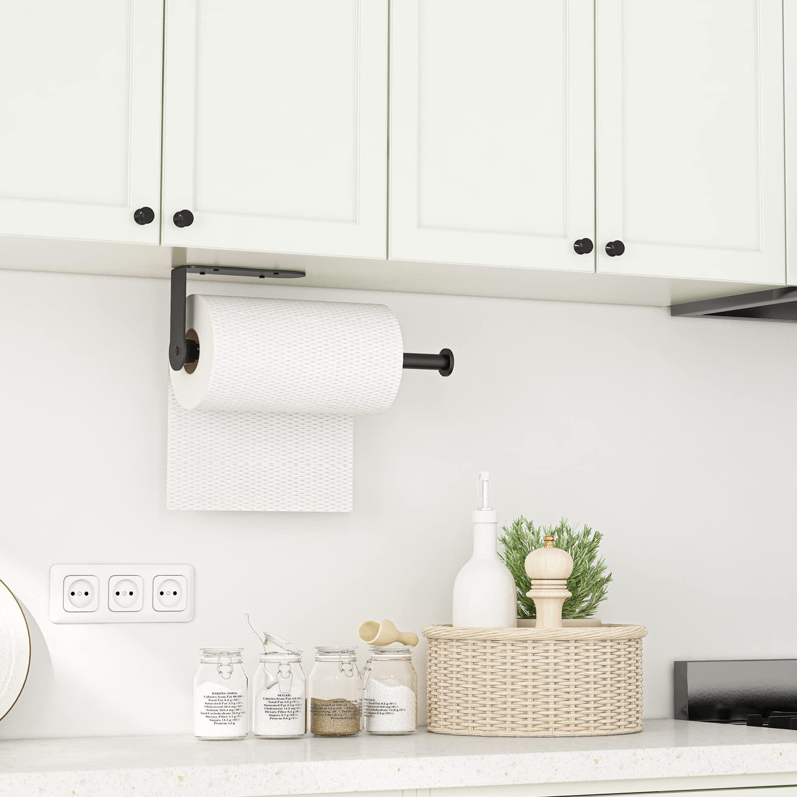 Fixwal Paper Towel Holder Under Cabinet, Single Hand Operable Wall Mount Paper Towel Holder with Damping Effect, Bend-Resistant, Self-Adhesive or Drill Mounting for Kitchen Bathroom, Black