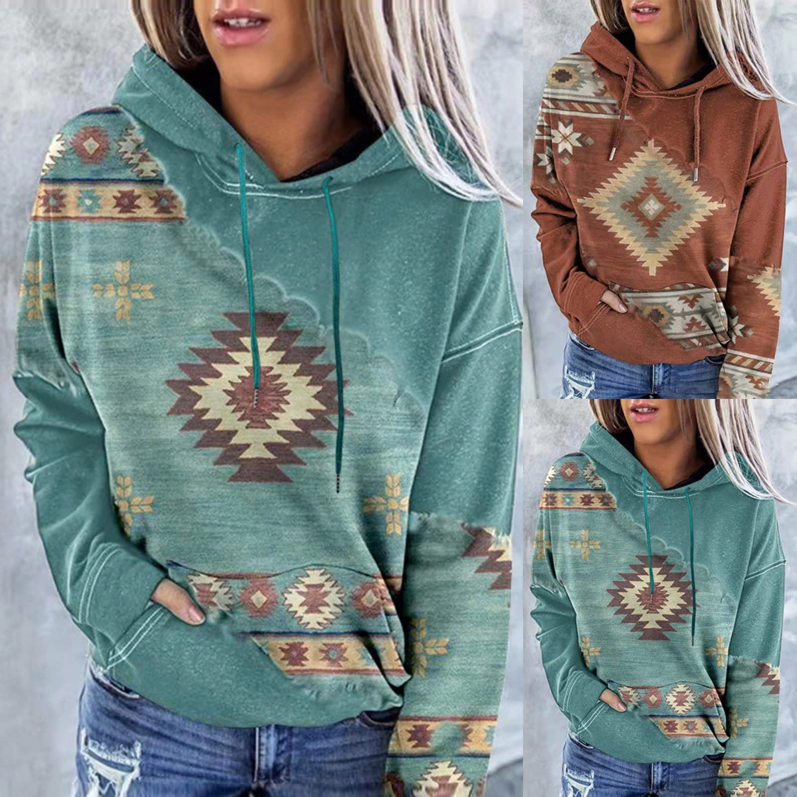 fartey Aztec Hoodie for Women Western Ethnic Style Printed Casual Drawstring Sweatshirts Geometric Loose Fit Pullover Tops, 02 Green