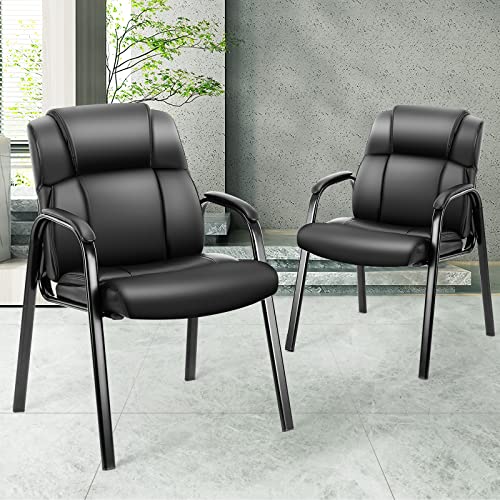 OLIXIS Office Desk Guest Wheels PU Leather Reception Chairs with Padded Arms and Metal Frame for Conference, 2 Pack, Black