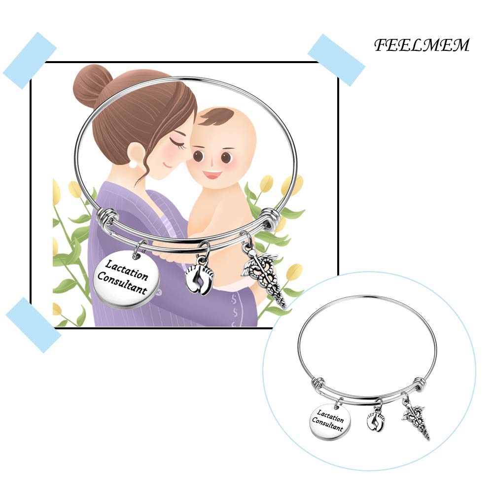 FEELMEM Lactation Consultant Gift IBCLC Breastfeeding Gift Lactation Consultant Wire Bangle with Baby Footprints Charm Jewelry Gift for Lactation Nurse Consultant Breastfeeding Counselor (silver)