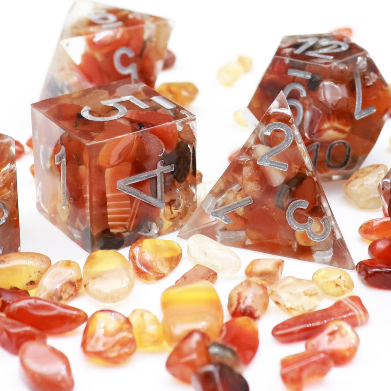 Haxtec Sharp Edge DND Dice Set Gemstone Filled Resin Dice W/Dice Case for RPG Role Playing Games Dungeons and Dragons Gift-Red Agate