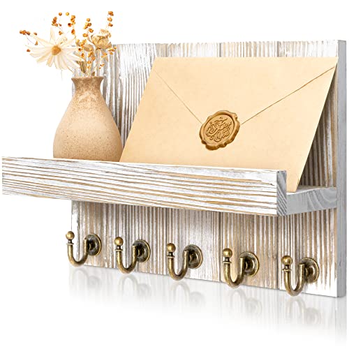 Rebee Vision Farmhouse Key Holder for Wall - Decorative Mail Organizer and Retro Key Hanger for Wall - 5 Sturdy Key Hooks with Small Floating Shelf for Rustic Apartment Essentials (Natural Wood)