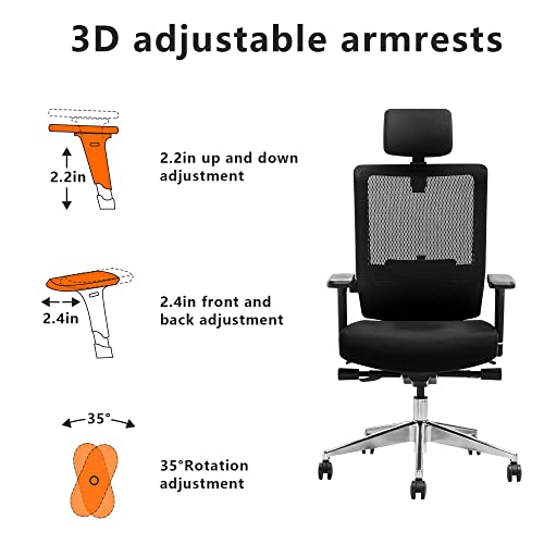 Ergonomic Office Chair,Computer Chair High Back Desk Chair with 3D Lumbar Support, Computer Chair for heavy people, Comfortable Office Desk Chair with 4D Adjustable Armrest, Black