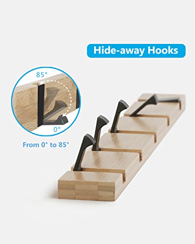 JSVER Wooden Coat Hooks Coat Rack Wall Mount, Space-Saving Coat Rack with 5 Standard Retractable Hooks, Hat Coat Hook for Entryway, Hallway, Bathroom, Living Room, Bedroom