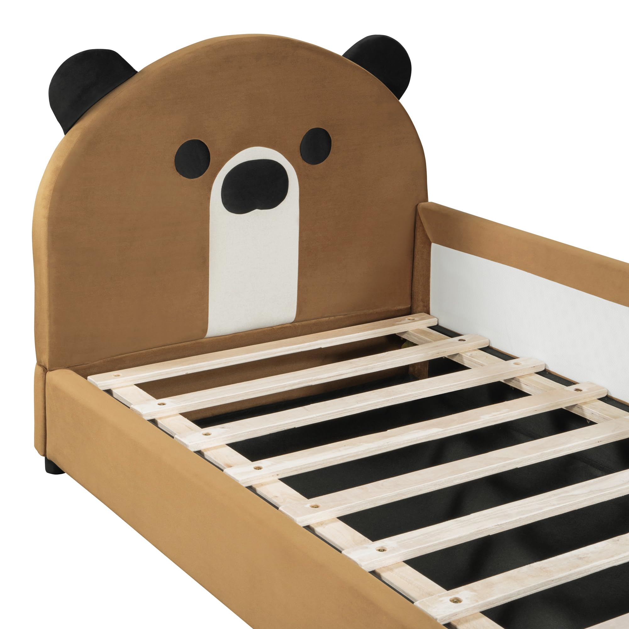 Luxo Abode Twin Size Upholstered with Bear Shaped Headboard, Velvet Daybed w/Hydraulic System and Breathable Mesh Fence, Easy Assembly and No Spring Need, for Kids Teens Bedroom, Brown