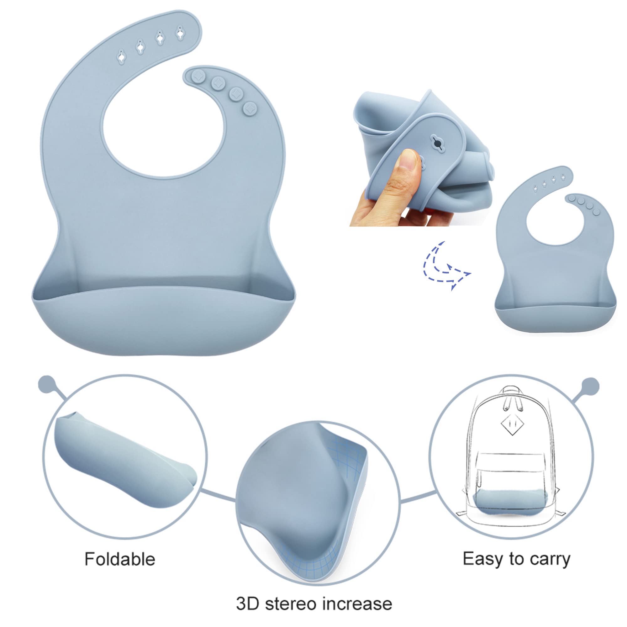 ILEYLUY Silicone Baby Bibs for Babies & Toddlers Set of 2, Feeding Bibs Unisex Soft Adjustable Waterproof BPA Free(Grey,Bear)