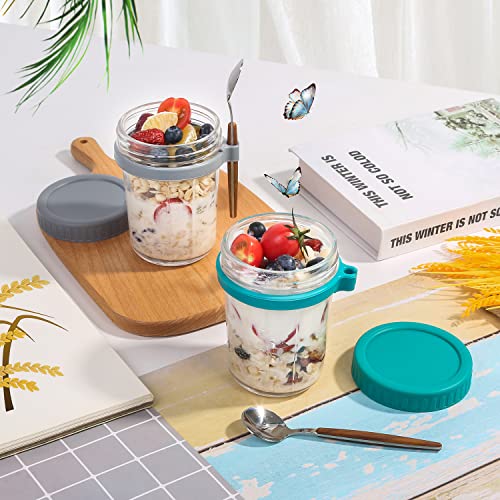 Overnight Oats Jars with Lid and Spoon Set of 2,10 oz Multiple Use Large Capacity Airtight Seal Oatmeal Container with Measurement Marks, Mason Jars with Lid, Grey and Turquoise