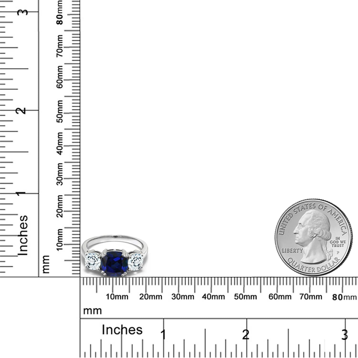 Gem Stone King 925 Sterling Silver Blue Created Sapphire and Sky Blue Aquamarine 3 Stone Engagement Ring For Women | 3.50 Cttw | Cushion 8MM | Available in Size 5,6,7,8,9