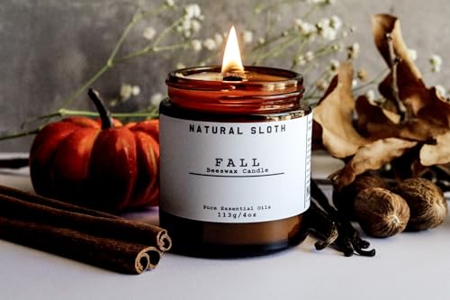 Natural Sloth Beeswax Candles | Scented with only Pure Essential Oils | Wood Wick | Non-Toxic | Slow Burning (4oz, Fall)