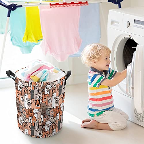 Many Dogs and Cats Laundry Basket Round Collapsible Storage Bin with Drawstring and Handle for Bedroom Bathroom Toys Room 17.3" X 13.8"