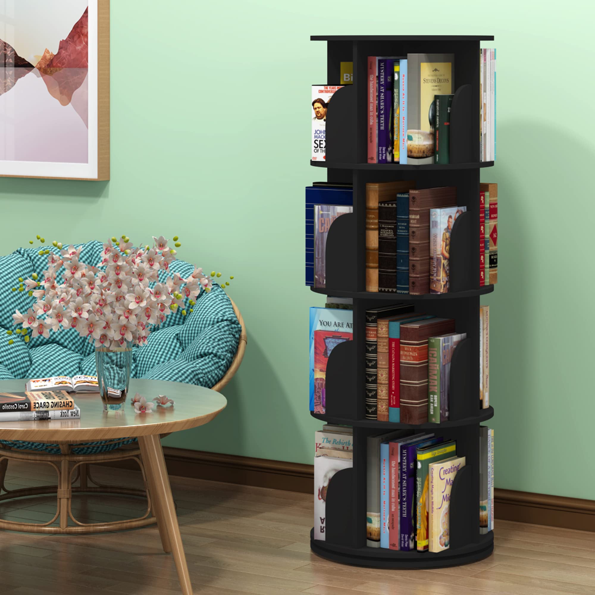 INTEXCA & DESIGN 4 Tier 360° Rotating Stackable Shelves Bookshelf Organizer (Black), White, RotatingBookshelf_5Tier_White