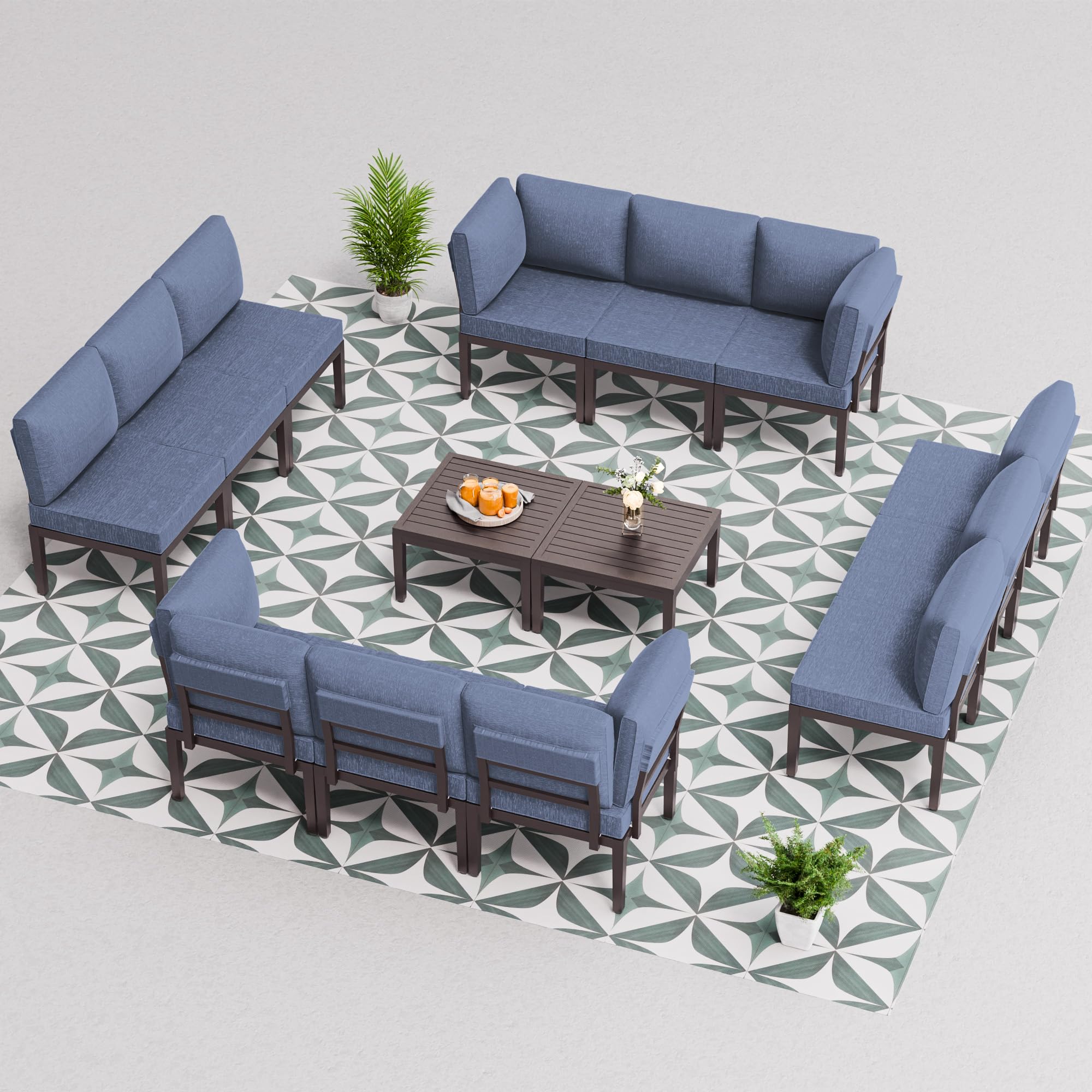 Knnbxa 14 Pieces Patio Furniture Set 12-Seat Metal Modular Outdoor Patio Conversation Sectional w/Thick Cushion and Coffee Table for Deck,Backyard,Lawn,Navy Blue