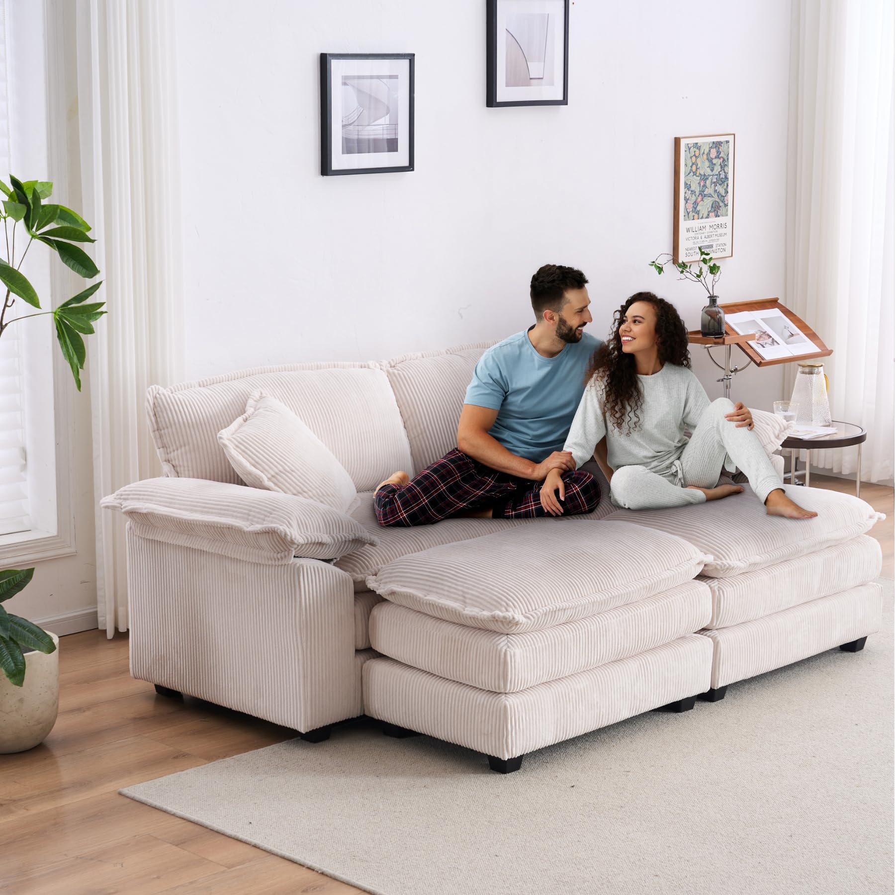 OUYESSIR Oversized Loveseat Sectional Sofa Couch with 2 Ottoman, 84.6" Modern Upholstered Corduroy Modular Cloud Couch, Comfy Deep Seat L Shaped Sofa for Living Room, Small Space, Grey
