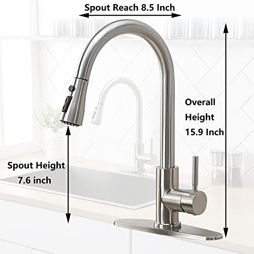IKEBANA Kitchen Faucet with Pull Down Sprayer,Brushed Nickel Kitchen Faucet,High Arc Single Handle Single Hole Stainless Steel Pull Out Kitchen Sink Faucet with Deck Plate Faucet for Kitchen Sink