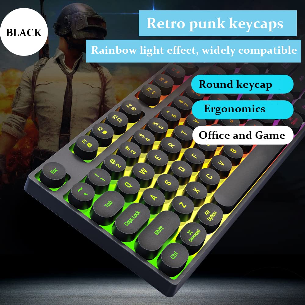 Mechanical Feel Gaming Keyboard and Mouse Combo, 87 Key Retro Punk Typewriter-Style,Rainbow Backlit Keyboard,Cool Breathing Light Lightweight Gaming Mouse for Game and Office-White