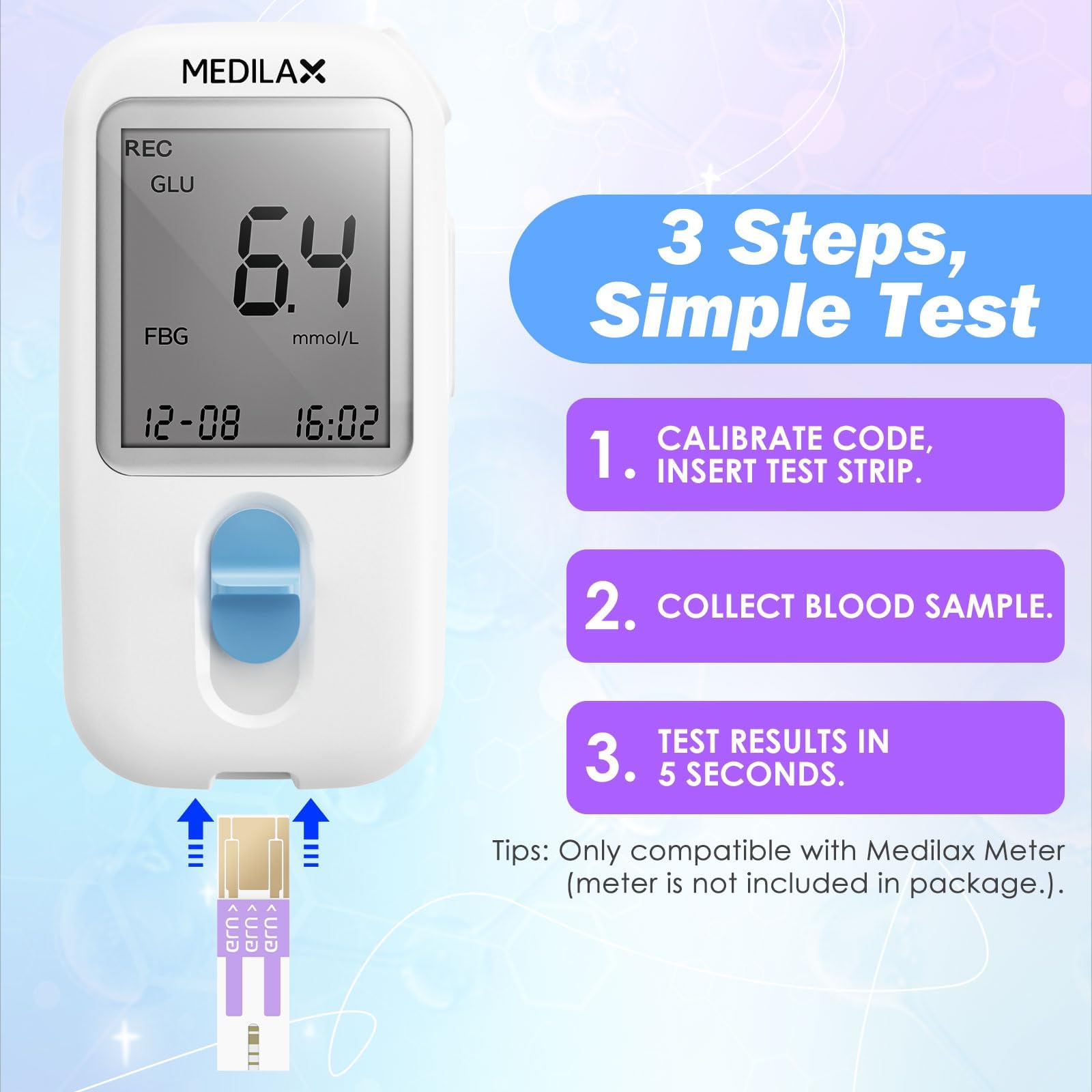 Medilax Blood Glucose Test Strips - 30 Count 3 Vials Only Compatible with Medilax 2-1 Meter