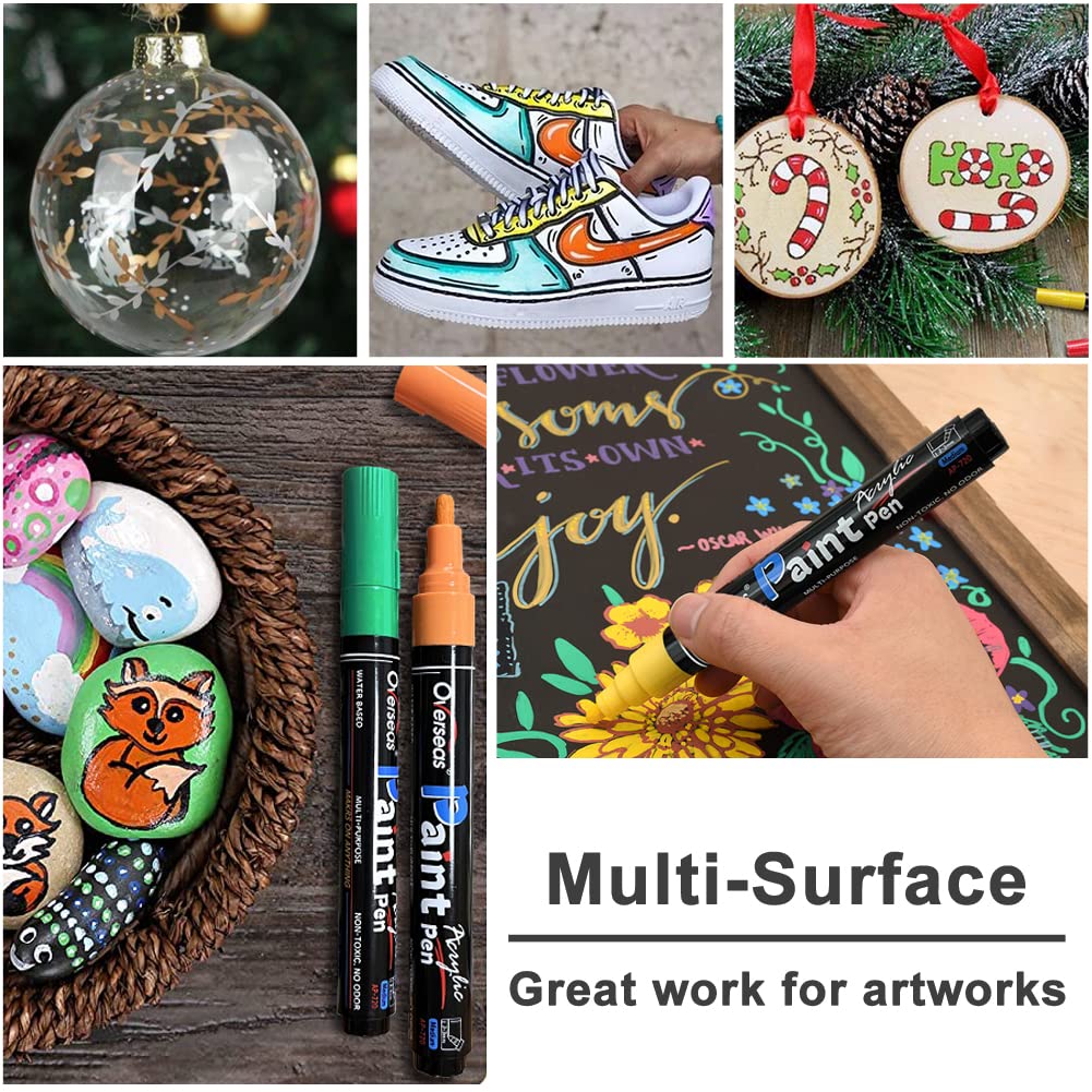 Overseas White Paint Pens Paint Markers - Permanent Acrylic Markers 2 Pack, Water Based, Quick Dry, Waterproof Paint Marker Pen for Rock, Wood, Plastic, Metal, Canvas, Glass, Fabric, Mugs. Medium Tip