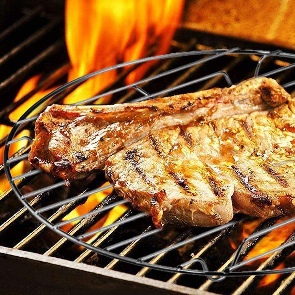 KSJONE Stainless Steel Multi-Functional Wire Steaming Cooling and Baking Barbecue Rack Square Wire Roaster Rack/Papad Jali/Roti Grill Round Shape with Wooden Handle