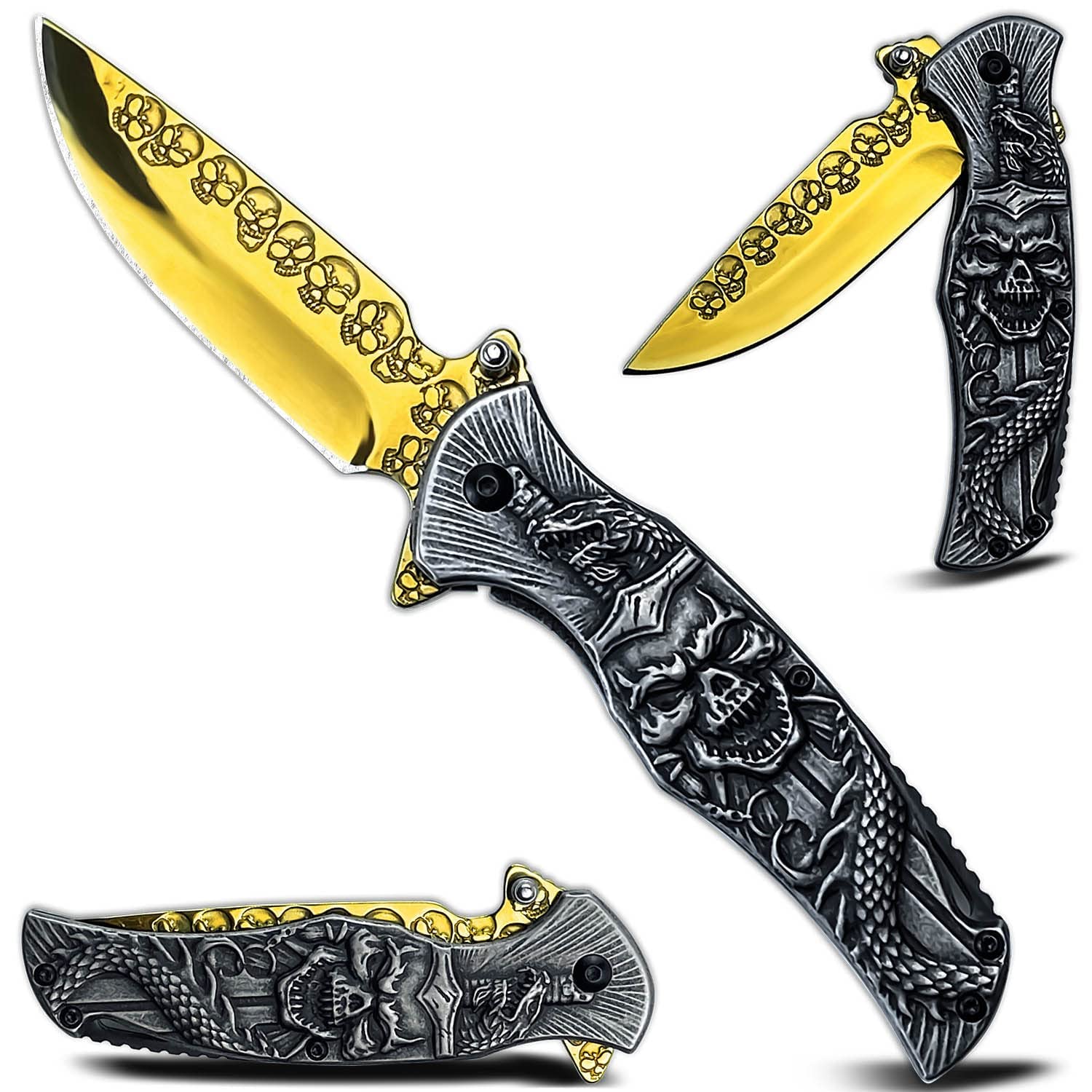 HOLYEDGE 7.8-in Tactical Folding Pocket Knife with 3.3-in Gold Mirror Blade, 3D Skull Handle, with Pocket Clip, Liner Lock and Auxiliary Opening for Outdoor Camping Survival Knives