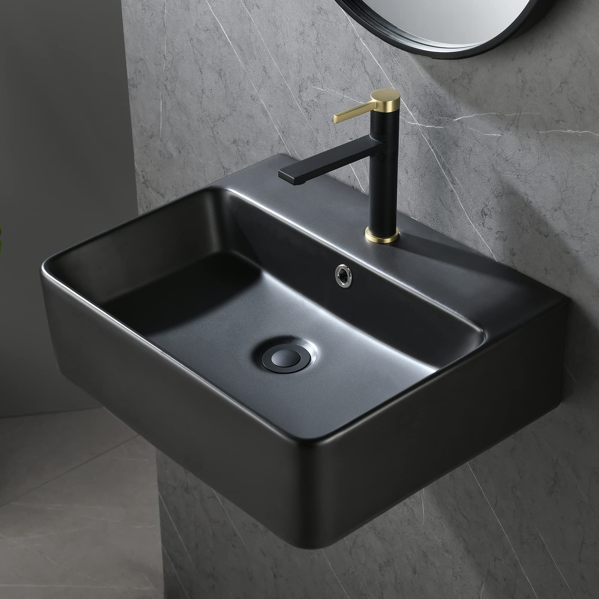IKEBANA Wall Mount Sink Black,Modern Vessel Bathroom Sink 21"X 17",Modern Floating or Countertop Ceramic Washing Bathroom Sink,Black Rectangle Wall Mounted Lavatory Sink