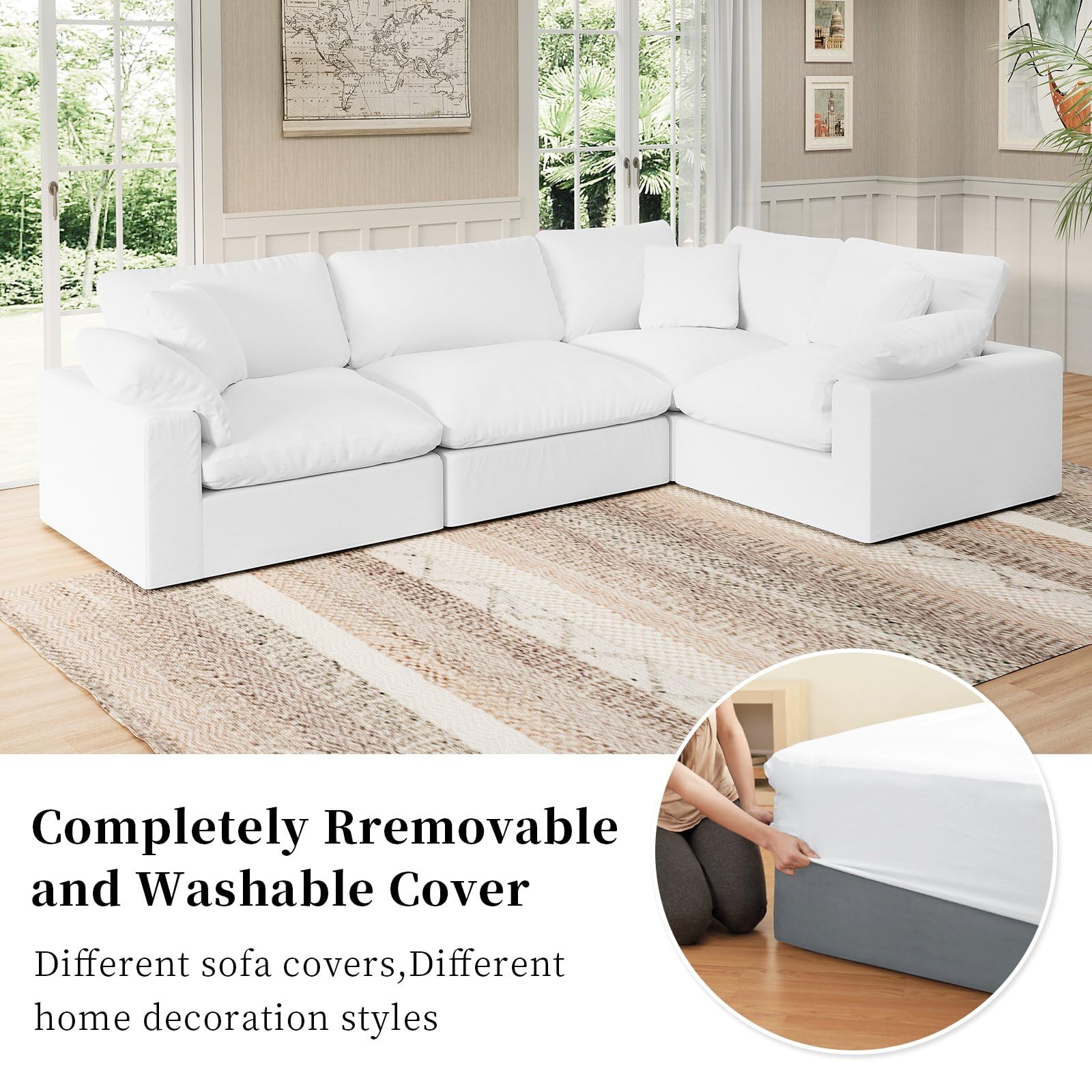 Intuition Decor Modular Sectional Sofa Cloud Couch,Down Filled Comfy Cloud Modern Sofa,White Linen L Shape Oversized Couch Cushion Covers Removable for Living Room, 3 Seater+1 Ottoman