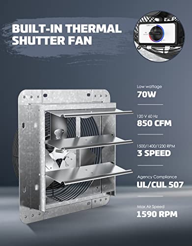 iLIVING 14" Wall Mounted Shutter Exhaust Thermostat Control-3 Speeds Vent Fan For Home Attic, Shed, or Garage Ventilation, 850 CFM, 1300 SQF Coverage Area, Variable, Silver