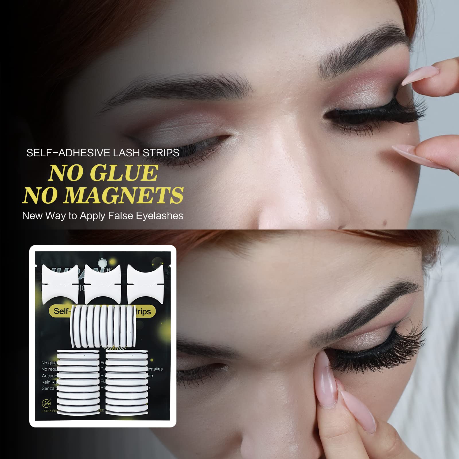 Lash Glue Replacement Self-adhesive Strips 30 Pcs with Applicator, Waterproof Self-sticking Adhesive Strips Fit for All Strip False Eyelashes, Single Length 35mm, Ideal Way to Apply Fake Lashes Black
