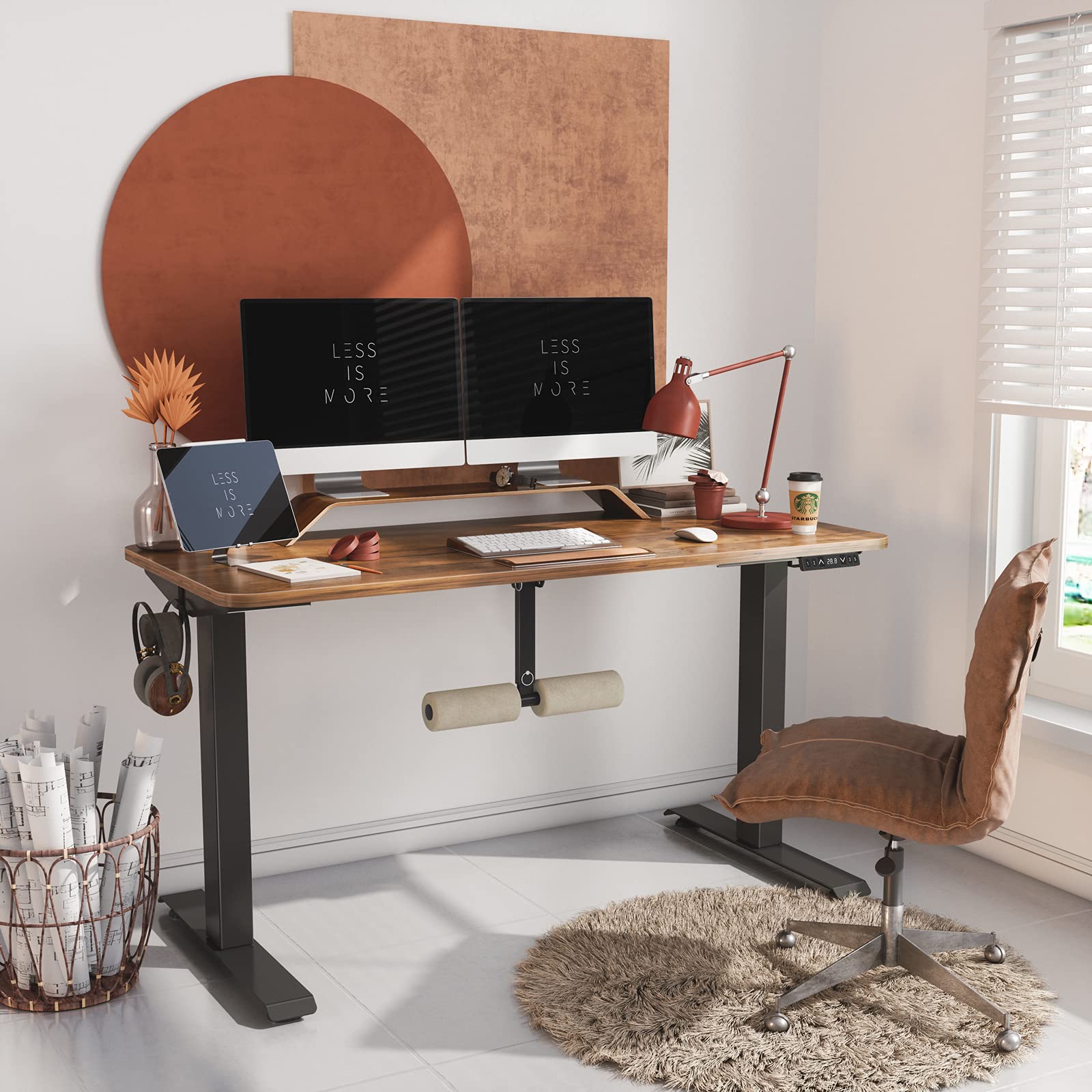FAMISKY 55 Inch Dual Motor Height Adjustable Standing Desk with Foot Rest, Sit Stand Home Office Desk with Hooks, Ergonomic Workstation Black Steel Frame/Rustic Brown Wood Top