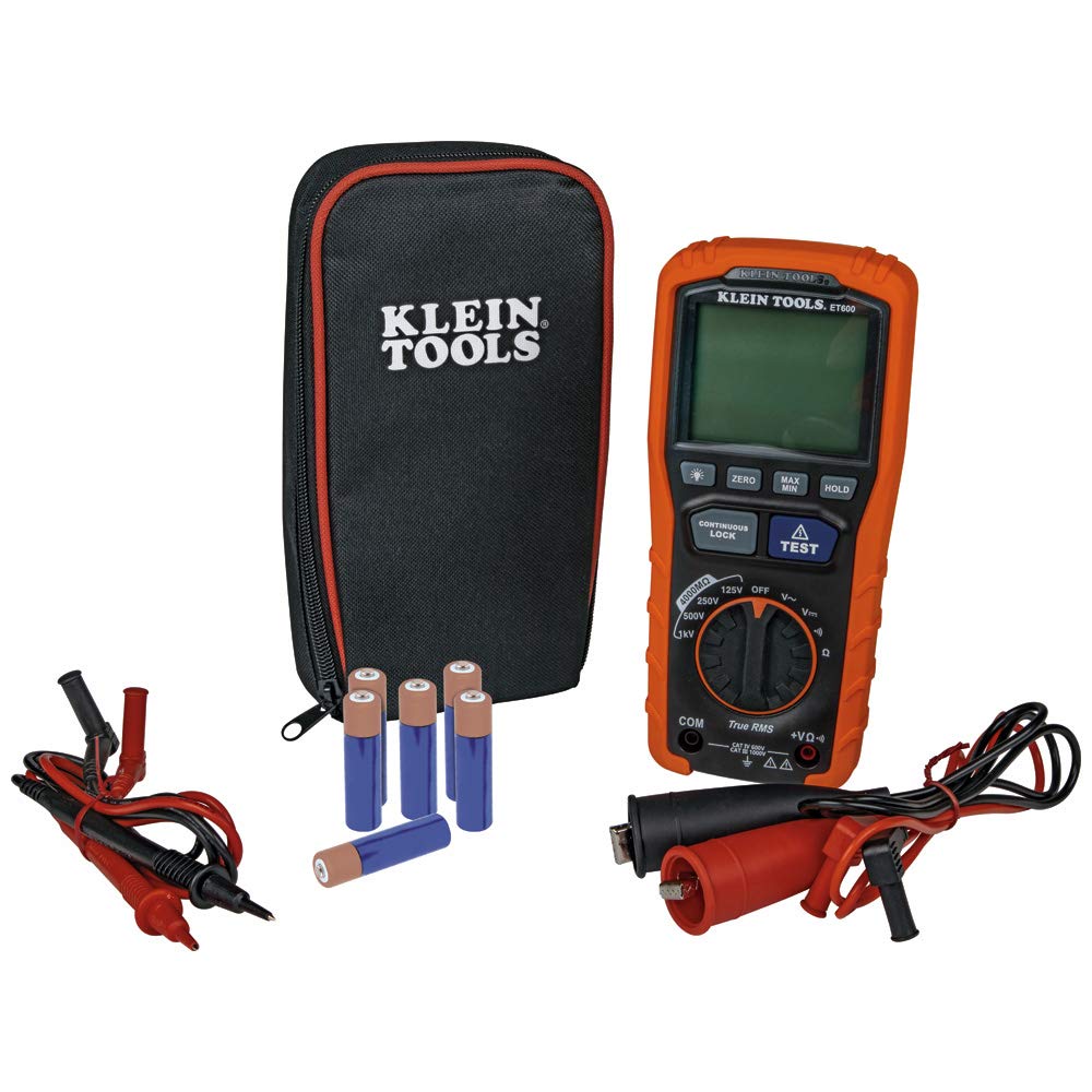 Klein Tools ET600 Multimeter, Megohmmeter Insulation Tester, 4000 Ohms Resistance, 125V/250V/500V/1000V, Auto-Ranging TRMS Multimeter & 69417 Rare-Earth Magnetic Hanger, with Strap