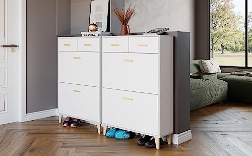Wildhome Shoe Cabinet,20 Pair Freestanding Shoe Rack Storage Organizer with 2 Flip Door,2-Tier Shoe Storage Cabinet for Heels, Boots, Slippers (White)