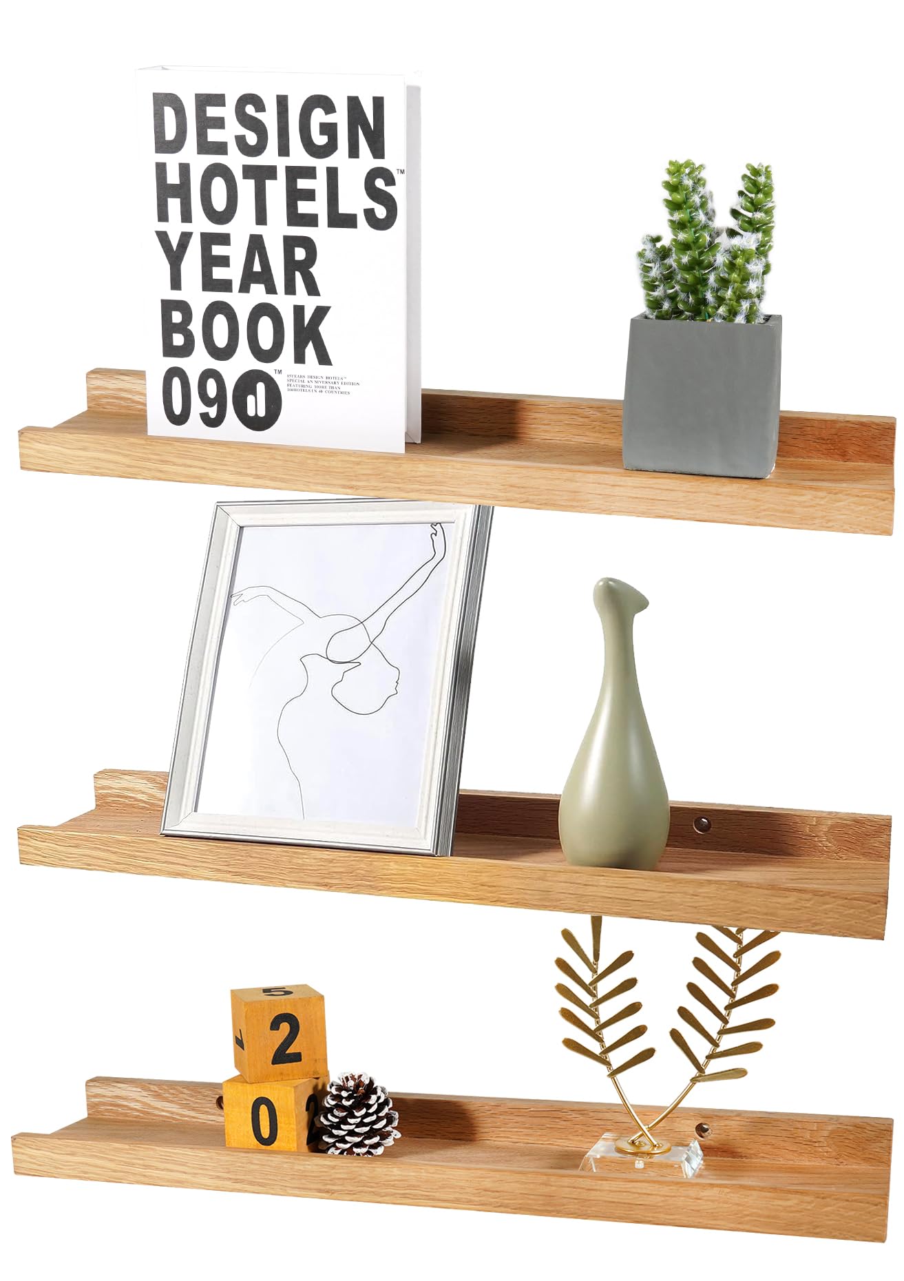Recogwood 20 Inch Floating Shelves Wall Mounted Set of 3, Solid Oak Wood Shelf for Decor and Storage, Picture Ledge for Bedroom Bathroom Living Room Kitchen, Natural Color