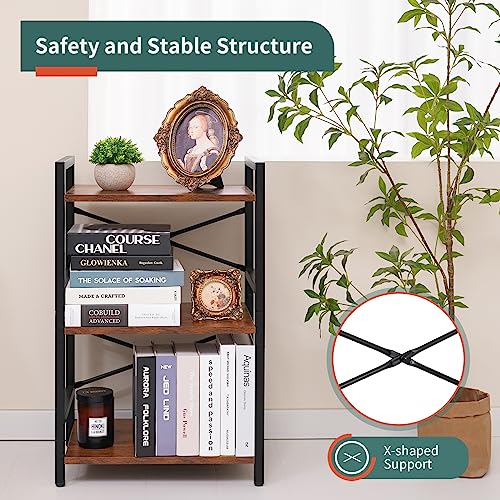 Yoobure Bookshelf Small Book Shelf, Solid Industrial 3 Tier Shelf Bookcase, Short Book Case for Bedroom, Living Room, Office Home, Small Spaces, Easy Assembly Berry Brown