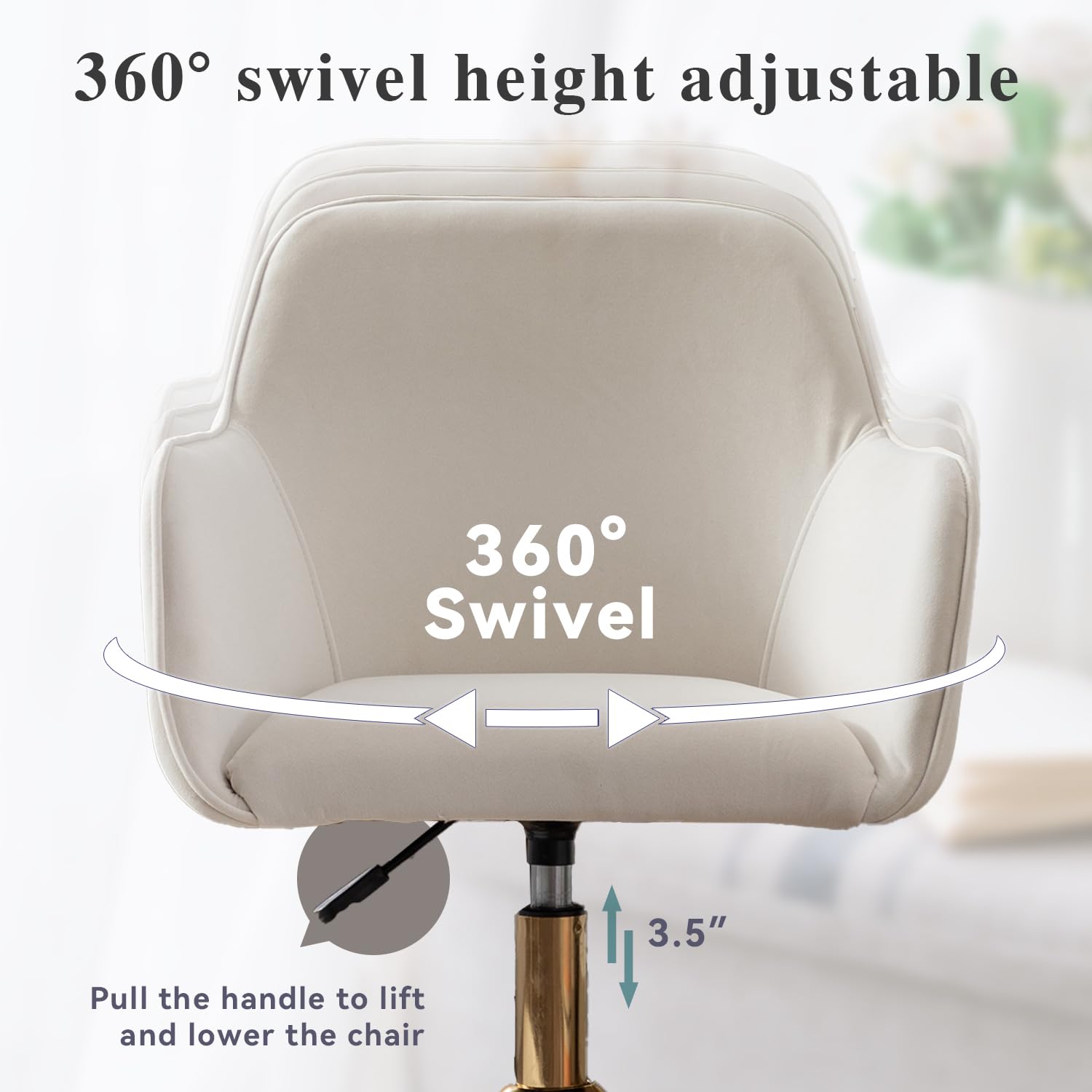 ERILEWE COLLECTION Velvet Home Office Chair, Cute Swivel Desk Chair with Wheels, Modern Rolling Adjustable Vanity Chair with Gold Base for Home Office, Vanity Room,Bedroom