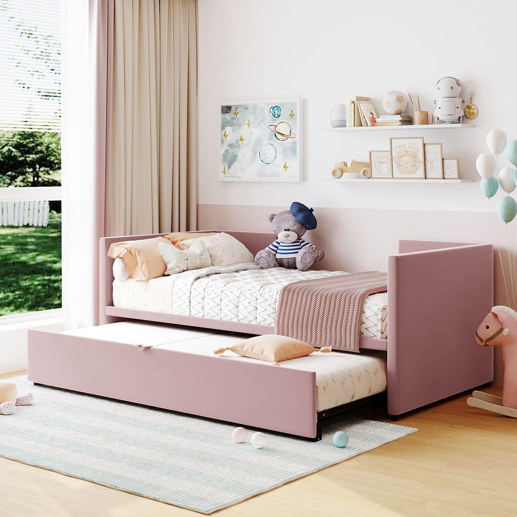 Luxo Abode Elegant Design Twin Size Upholstered Velvet Daybed with Pop Up Trundle, Backrest and 2 Armrests, No Box Spring Need and Easy to Assembly, for Boys and Girls Room, Apartment, Gray