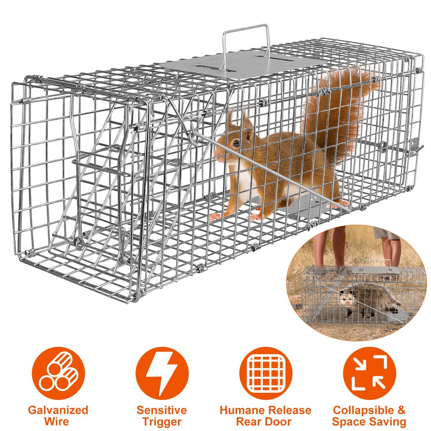 KOCASO 23.3"x7.24"x7.72" Humane Live Animal Trap Cage Cat Trap Catch Release Live Animal Rodent Cage for Indoor Outdoor,Foldable Live Trap for Small Rabbit Squirrel Groundhogs Mole Gopher Cat