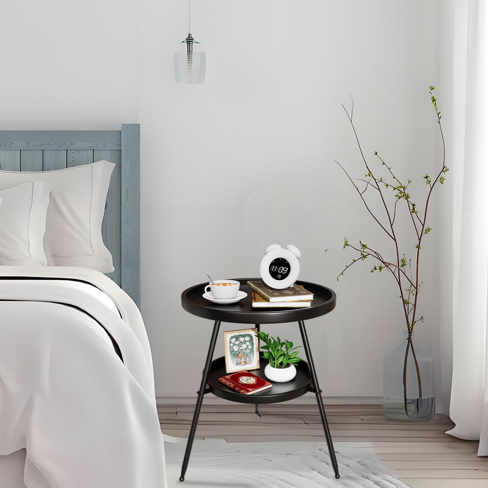 OUYPLTNY 2 Tier Round End Table,Black Small Side Table Round Metal Coffee Tables Nightstand for Small Spaces Indoor Outdoor and Living Room Bedroom or Office(2tier02)