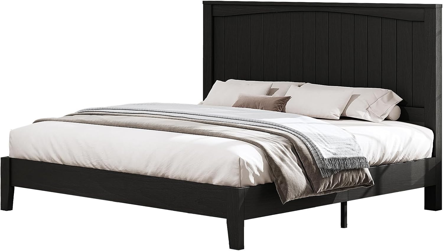 LUXOAK Queen Size Solid Wood Bed Frame with 48.4 inch Tall Headboard, Mid-Century Modern Platform Bed with Wooden Slats and Metal Frame. No Box Spring Needed, Easy Assembly, White