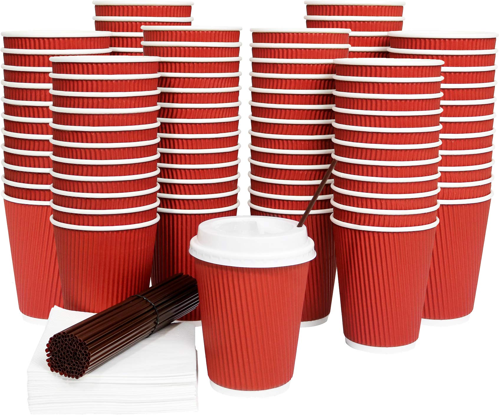 Galashield [100 Sets] Disposable Coffee Cups with Lids 12 Oz Hot Paper Coffee Cups with Lids Insulated Ripple Tea Cup Travel To Go with Stirring Straws and Napkins