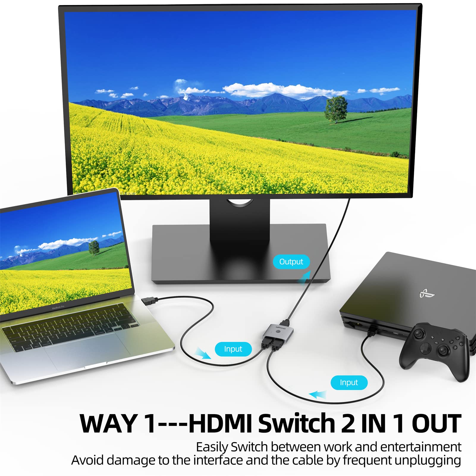 HDMI Switch 2 in 1 Out, 4K@60Hz HDMI Extended Switching, Aluminum Bidirectional HDMI 2.0 Switcher Splitter, Support HDR 4K 3D HDCP2.2 for PC TV PS4 Xbox FireStick Roku and More