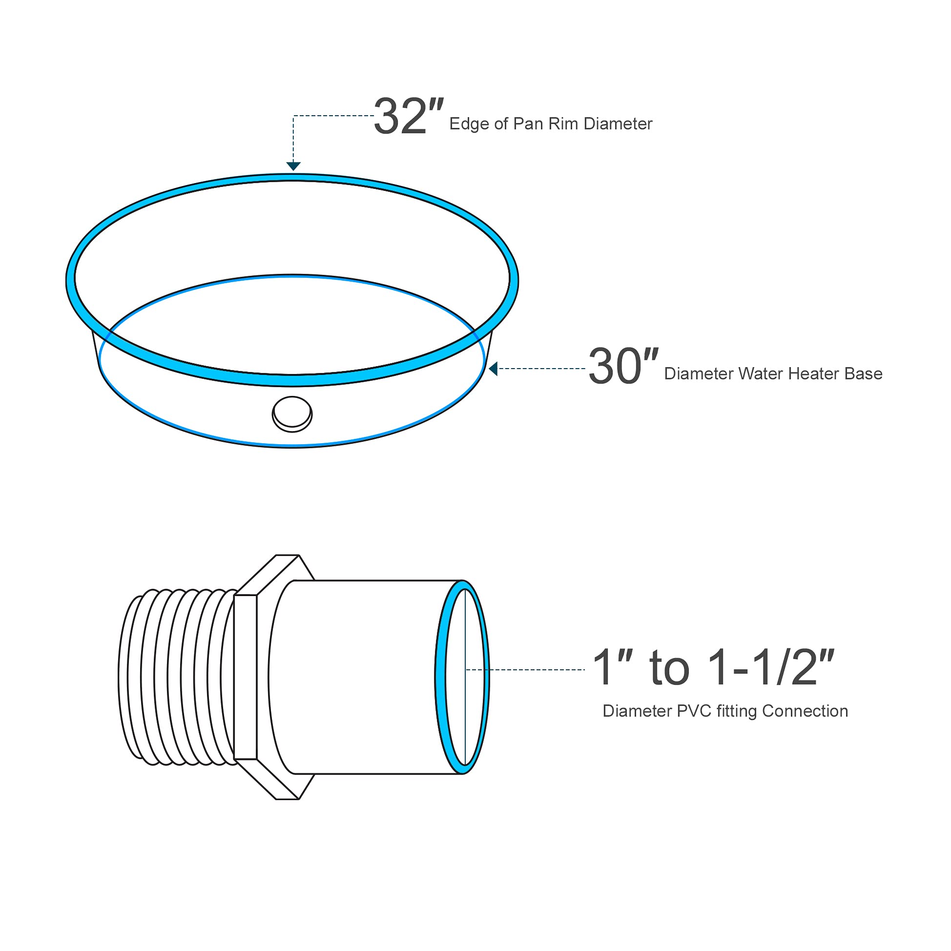 Everflow AWHP30 Aluminum Water Heater Drain Pan with 1 in. - 1-1/2 in. PVC Fitting, 30 in. Diameter Chrome