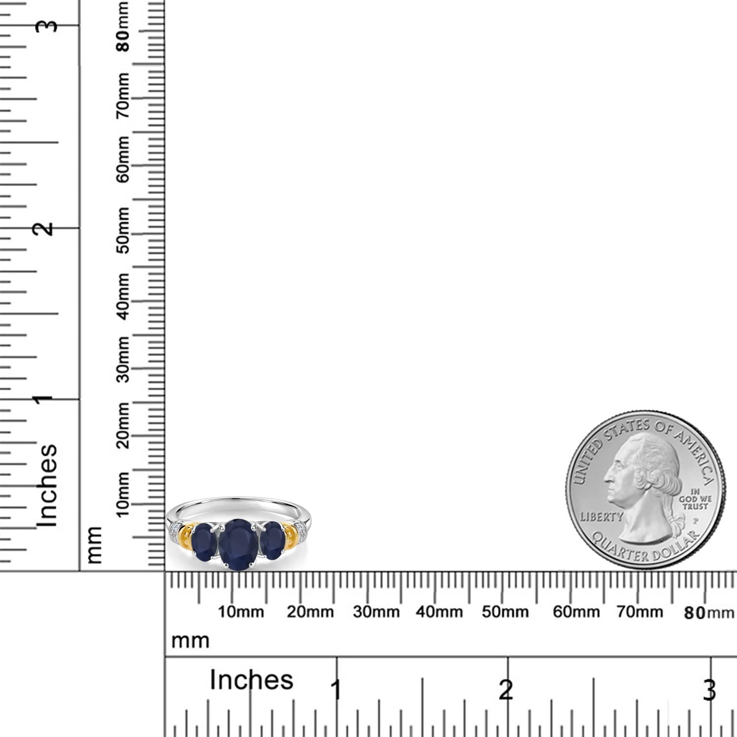 Gem Stone King 925 Sterling Silver and 10K Yellow Gold Oval Blue Sapphire and Diamond 3 Stone Women Ring (2.94 Cttw, Gemstone Birthstone, Available In Size 5, 6, 7, 8, 9)