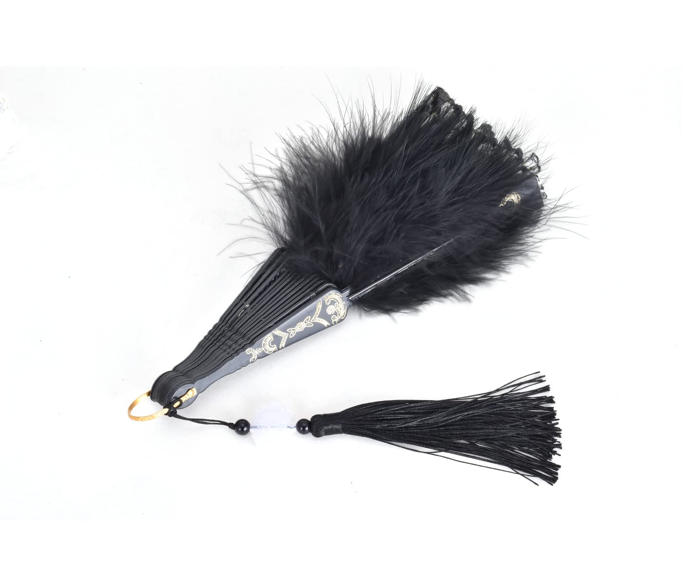 HONSHEN 2 Pack Embroidered Flower Marabou Feather Fan1920s Vintage Style Flapper Hand Fan for Costume Party Dancing (Feather Fan lace 2p Black)