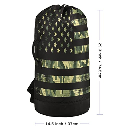One Bear Camo American Flag Laundry Bag Drawstring Closure Waterproof Durable Backpack Storage Basket Organization Dirty Clothes Bag Laundry Hamper with Shoulder Straps
